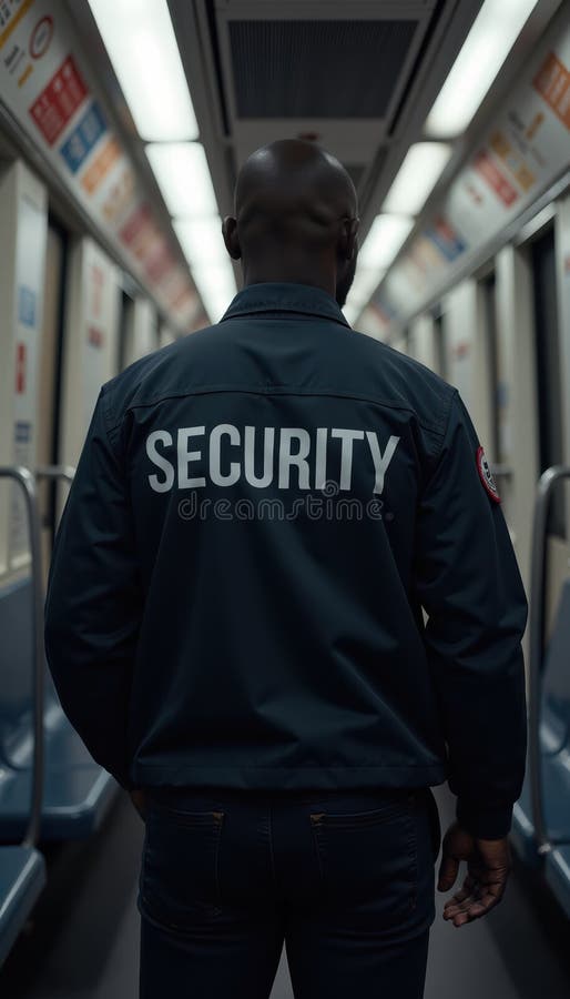 Security Guard Wearing Jacket with SECURITY Printed on Back in Subway ...