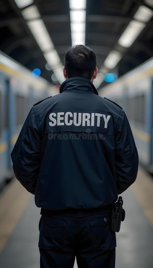 Security Guard Stands on Train Platform, Back View. Security Concept ...