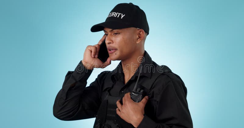 Security Guard, Studio Phone Call and Man Talking, Consulting or ...