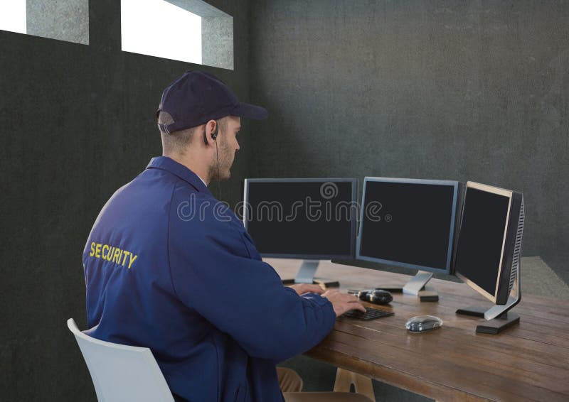 Security Guard Tin His Desk with His Technology. Stock Illustration ...