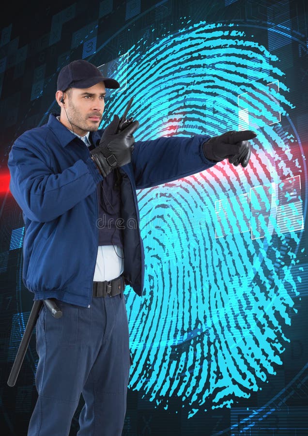 Security Guard Using Radio while Pointing Away Against Finger Print on ...