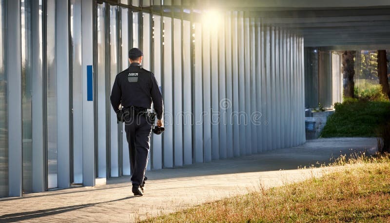 Security Guard Walking Building Perimeter with Flashlight Stock Photo ...