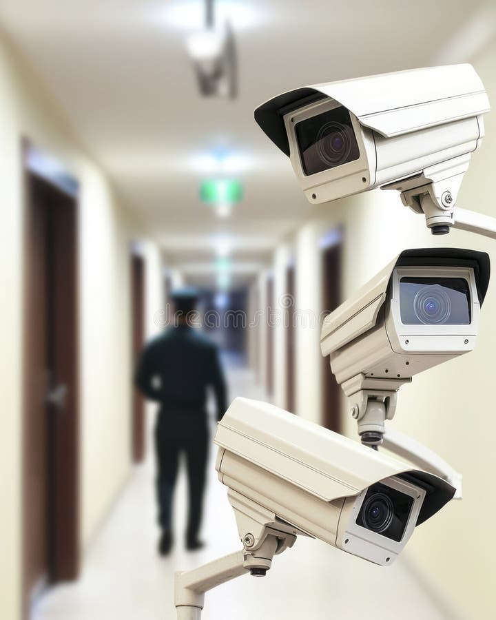 Security Cameras Monitoring Hallway with Guard Stock Illustration ...
