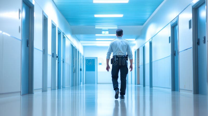 Security Guard Walking Down a Long, Bright Corridor Stock Illustration ...