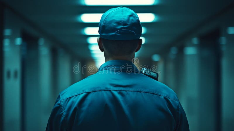 Security Guard Walking Down a Long Dark Hallway Stock Illustration ...