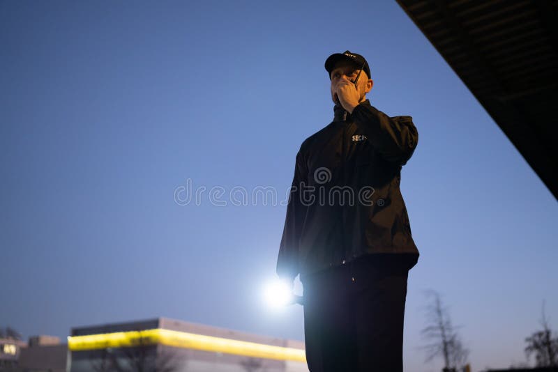 Security Guard Walking with Flashlight at Night Stock Image - Image of ...