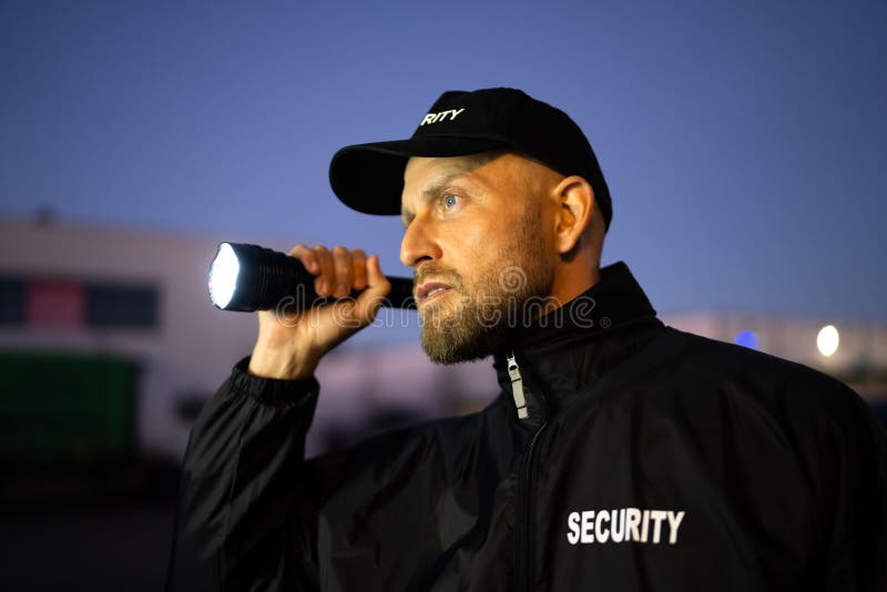 Security Guard Walking with Flashlight at Night Stock Image - Image of ...