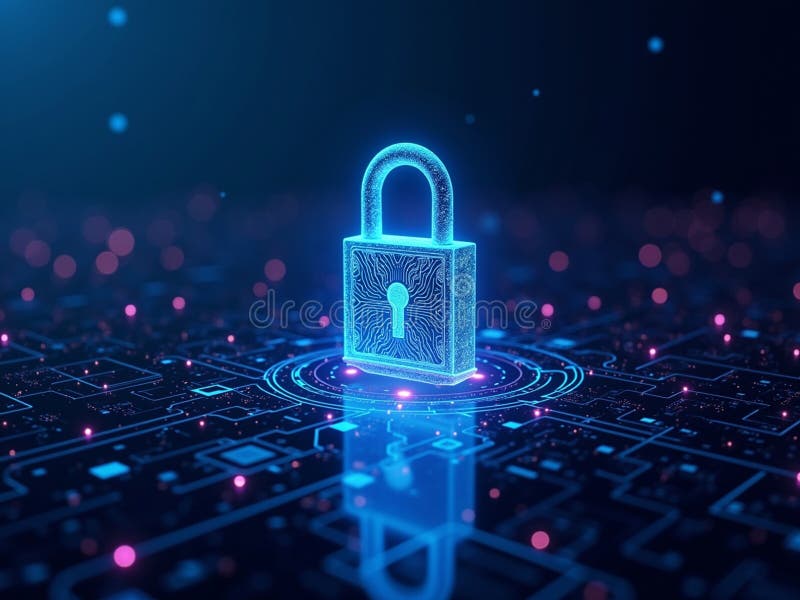 Cybersecurity Lock Symbol with Circuit Grid Background and Glowing Tech ...