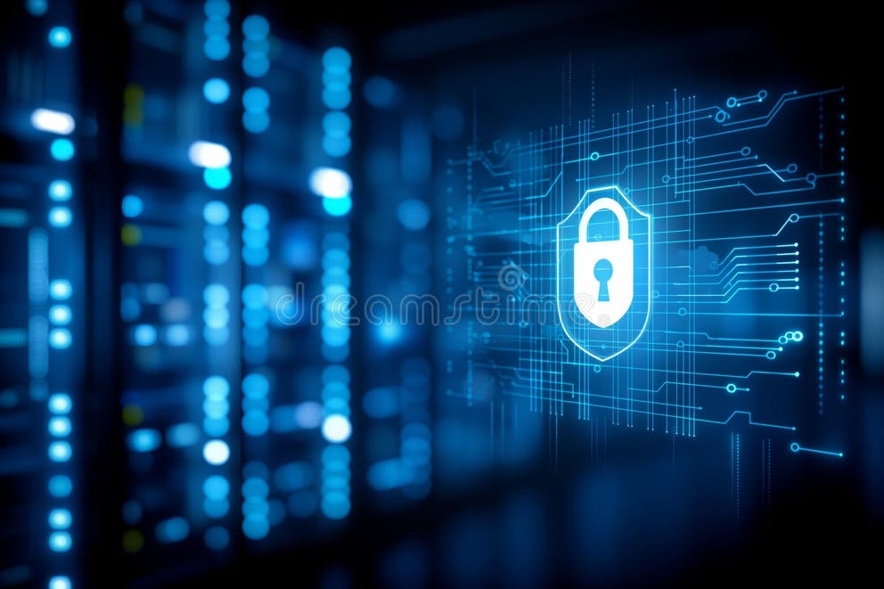 A Security Icon Floats in Data Center Server Room Stock Illustration ...