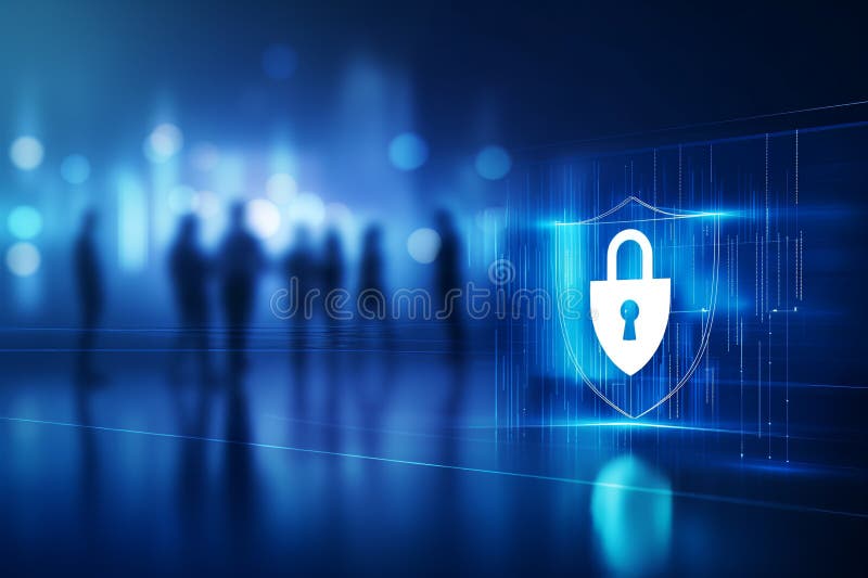 A Security Icon Floats in Front of Business Space Where People Working ...