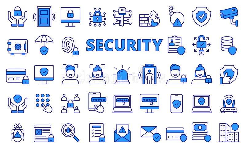 Security Icon Set in Line Design Blue. Protection, Safety, Secure ...