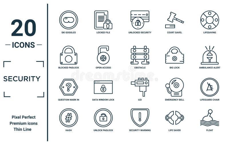 Security Linear Icon Set. Includes Thin Line Ski Goggles, Blocked ...