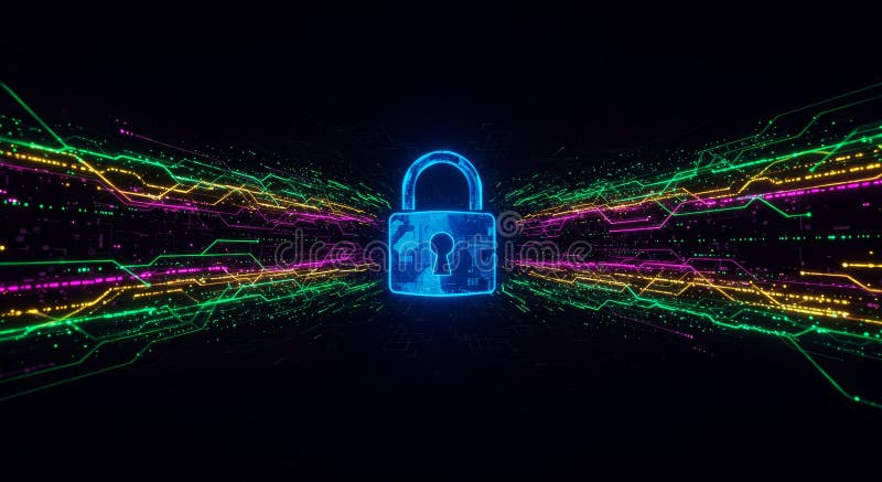 Security Lock Concept Abstract Glowing Padlock Icon in a Data Stream ...