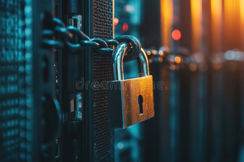 Security Lock on Server Rack with Network Cables and Data Storage ...