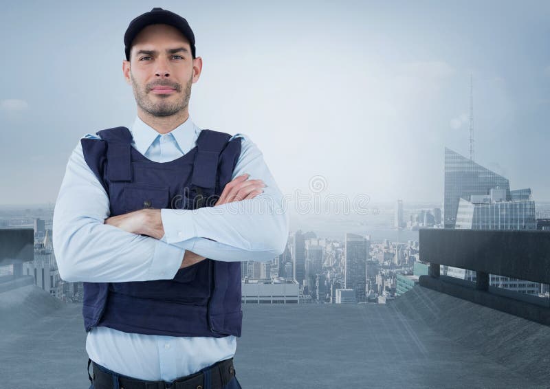 Security Man Arms Folded on Bright Background in Front of City Stock ...