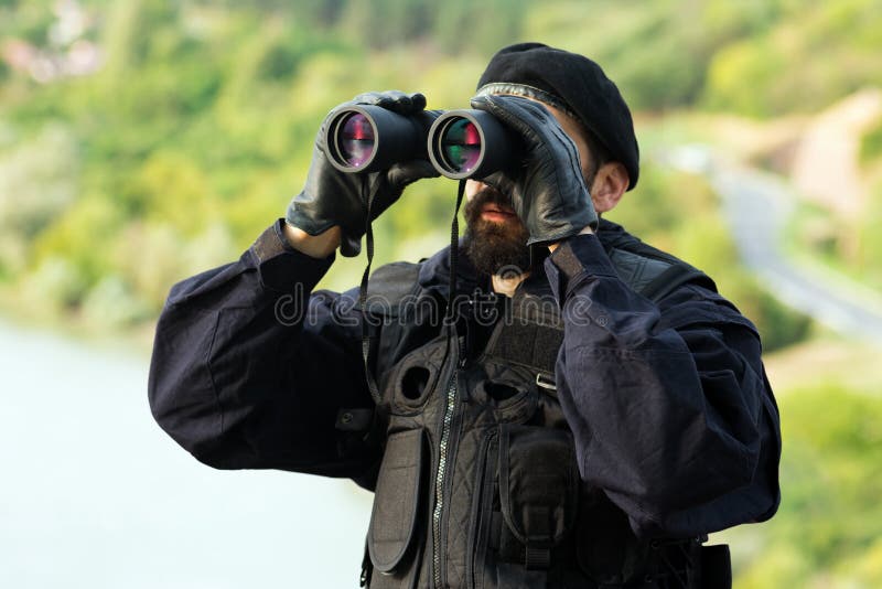 Security Man with Binoculars Stock Photo - Image of expedition, away ...