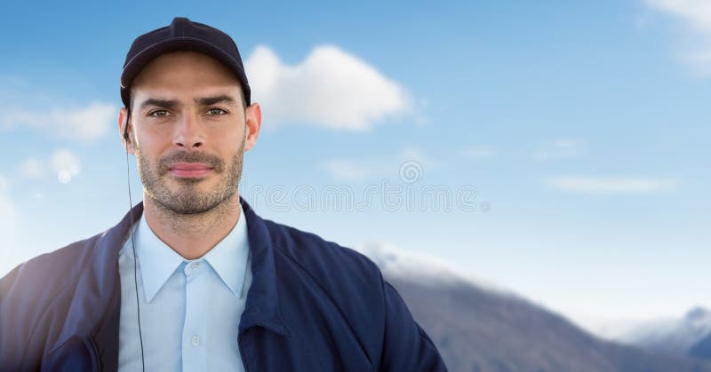 Security Man with Hat and Sky Stock Photo - Image of officer, light ...