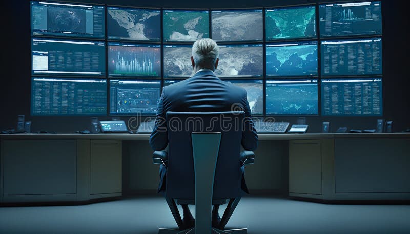 A Security Man Sitting in Front of a Large Panel with Screens in a ...