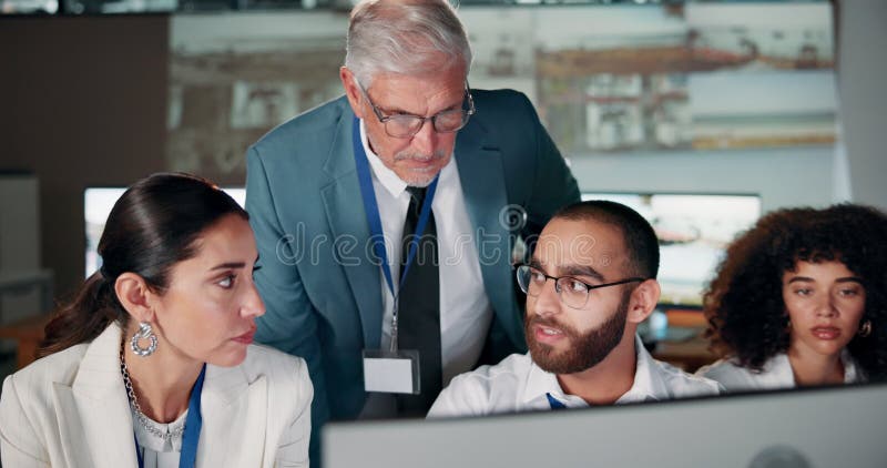 Security, Manager and People at Computer in Control Room for Planning ...