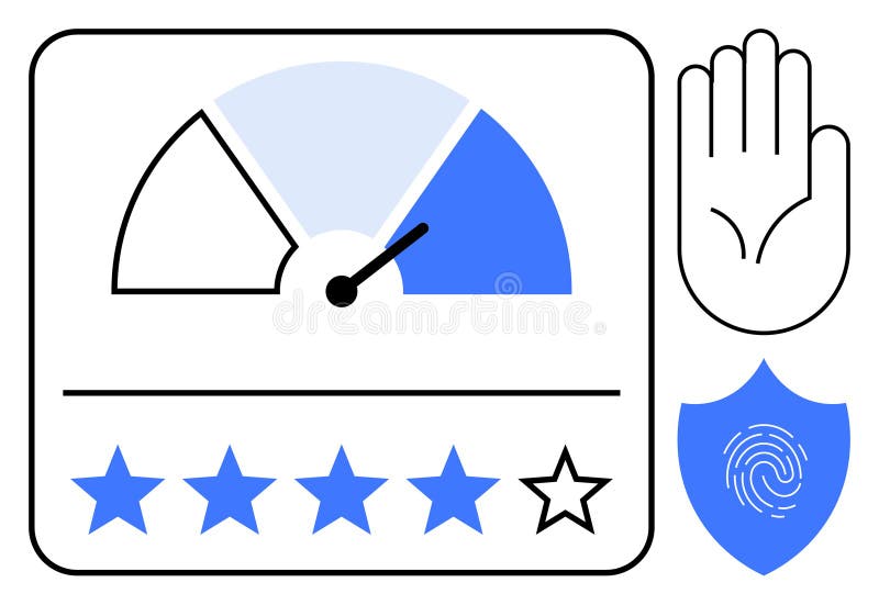 Security Metrics with Rating Scale, Biometric Shield, and Hand Icon for Identity Protection ...