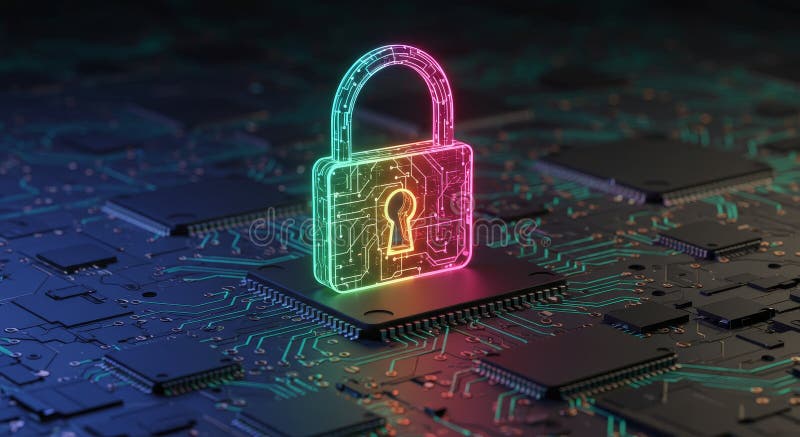 Security Neon Lock on Circuit Board Cybersecurity Data Protection Lock ...