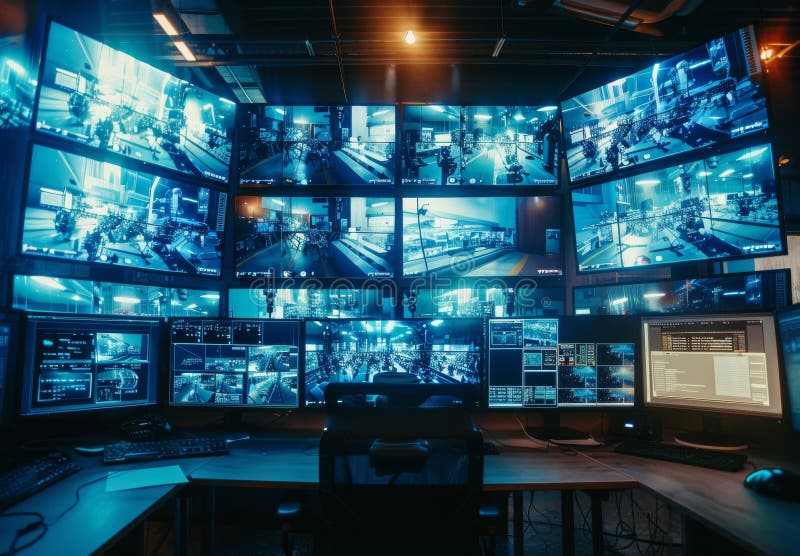 Security Office with Many Display. Monitoring System. Computer and Data ...