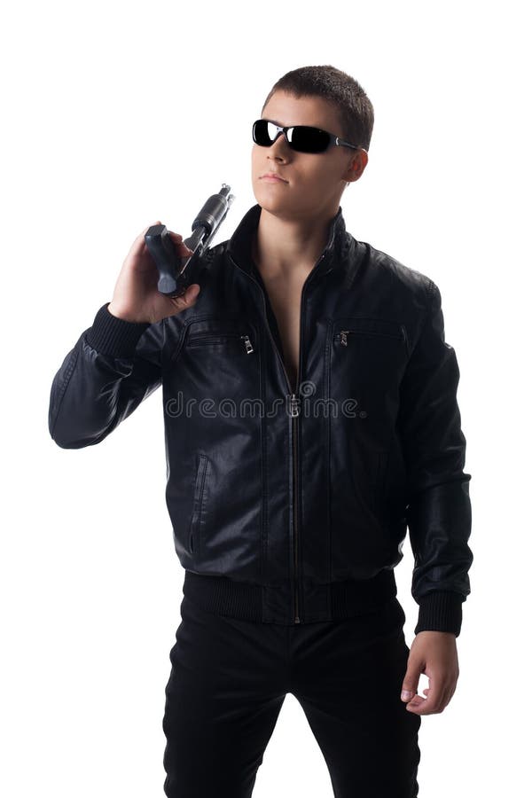 Security Officer in Black Leather with Shotgun Stock Photo - Image of ...