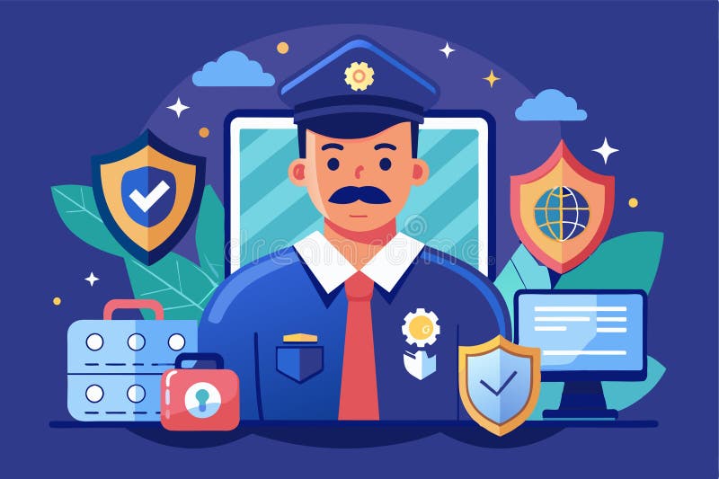 Security Officer Cartoon Illustration with Shields, Padlock, and ...