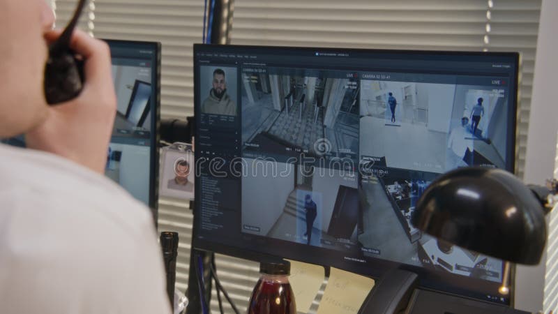Security Officer Controls CCTV Cameras on Computers Screens Stock Photo ...