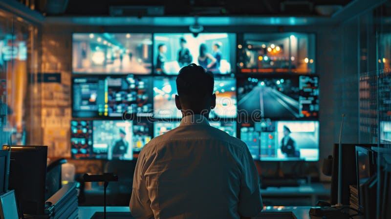 A Security Officer Monitoring Multiple CCTV Feeds in a Control Room ...