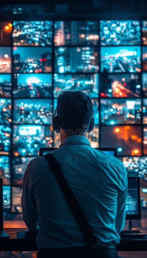 Security Officer Monitors City Surveillance from Multiple CCTV Screens ...