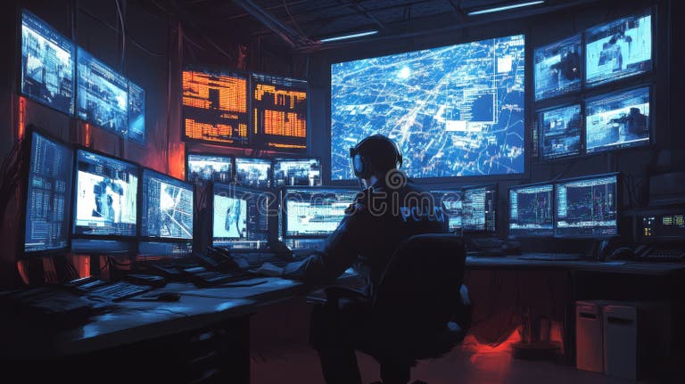 Security Officer Monitors Multiple Surveillance Screens in High-tech ...