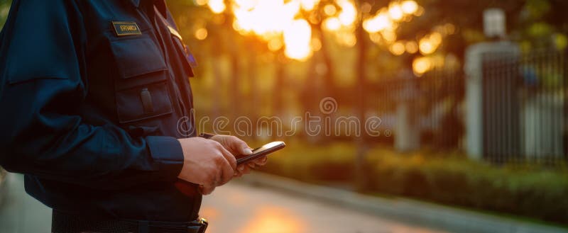 The Security Officer Using a Smartphone during a Peaceful Sunset Scene ...