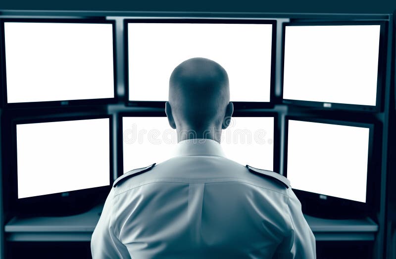 Security Officer Watching Over Surveillance Monitors Stock Illustration ...
