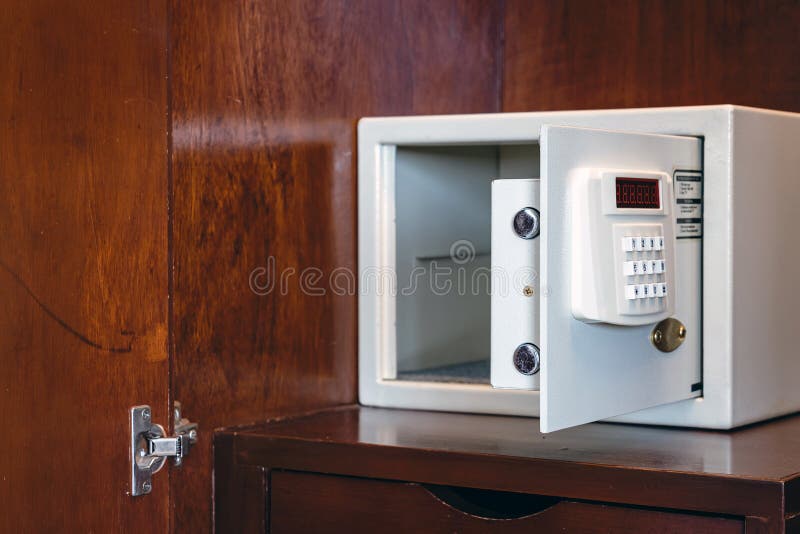 Security Open Metal Safe with Empty Space Inside in a Wooden Shelf ...