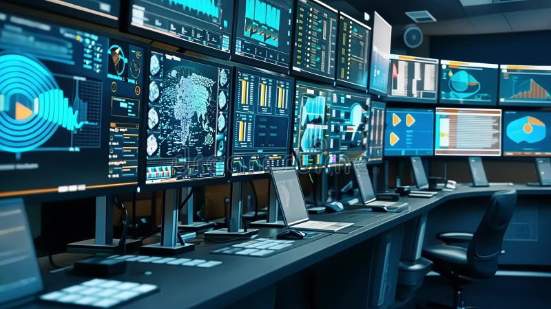 Security Operation Center Showing World Map and Graphs on Multiple Monitors Displaying Real Time ...