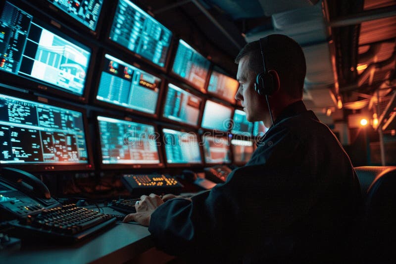 Security Operator Monitoring Screens in Control Room Stock Illustration ...