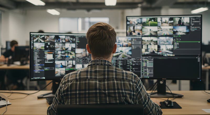 Security Operator Monitoring Surveillance Footage on Multiple Screens in a Modern Office Setting ...