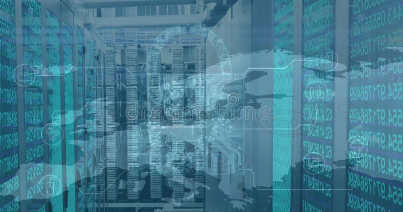Security Padlock Icon And Binary Coding Data Processing Against Empty Server Room Stock