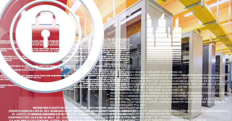Security Padlock Icon and Data Processing Over Server Room Against Red ...