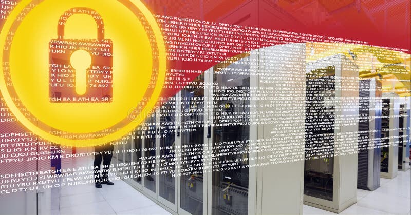 Security Padlock Icon and Data Processing Over Server Room Against Red ...