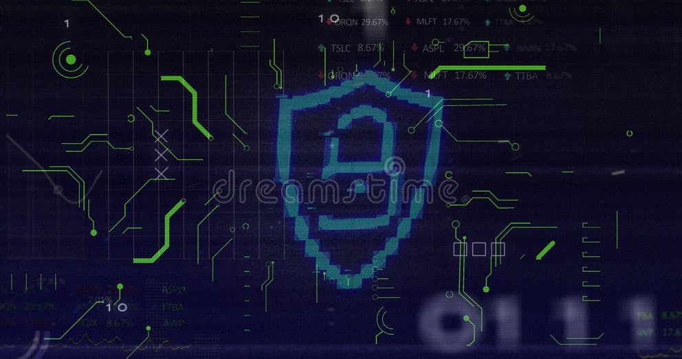 Security Padlock Icon and Microprocessor Connections Against Data Processing on Blue Background ...