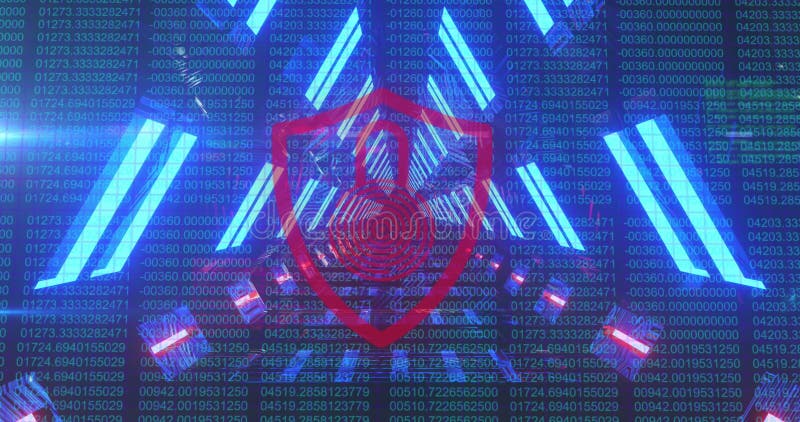 Security Padlock Over Shield Icon Against Glowing Tunnel and Binary ...
