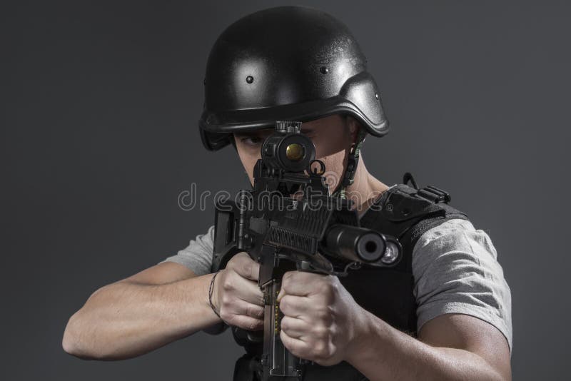 Security, Paintball Sport Player Wearing Protective Helmet Aiming ...
