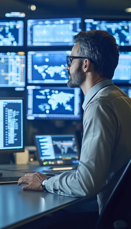 Security Professional Monitoring Multiple Screens with Data and World ...