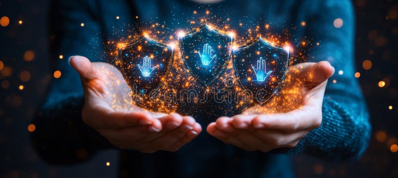Security and Protection with Hands Holding Holographic Glowing Shields ...