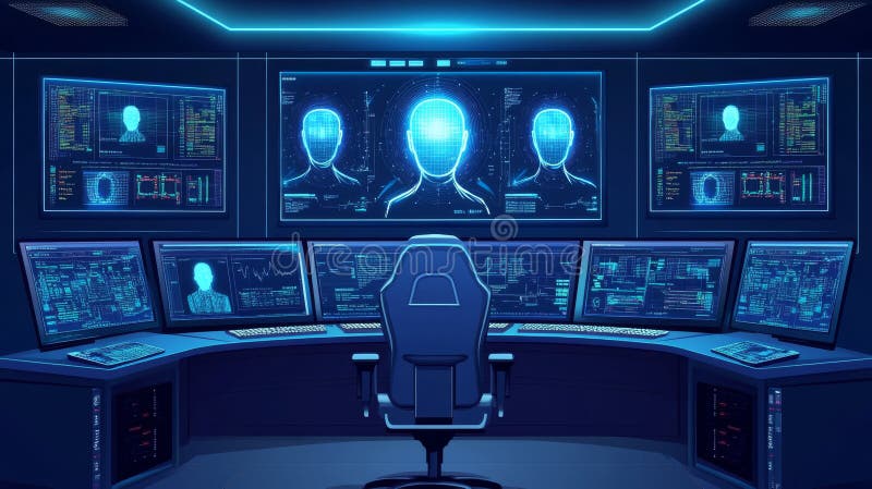 In a Security Room, Computer Screens Show Human Faces with AI Biometric ...