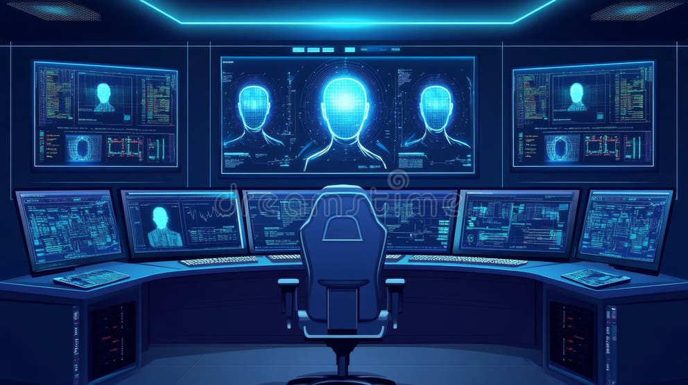In a Security Room, Computer Screens Show Human Faces with AI Biometric ...