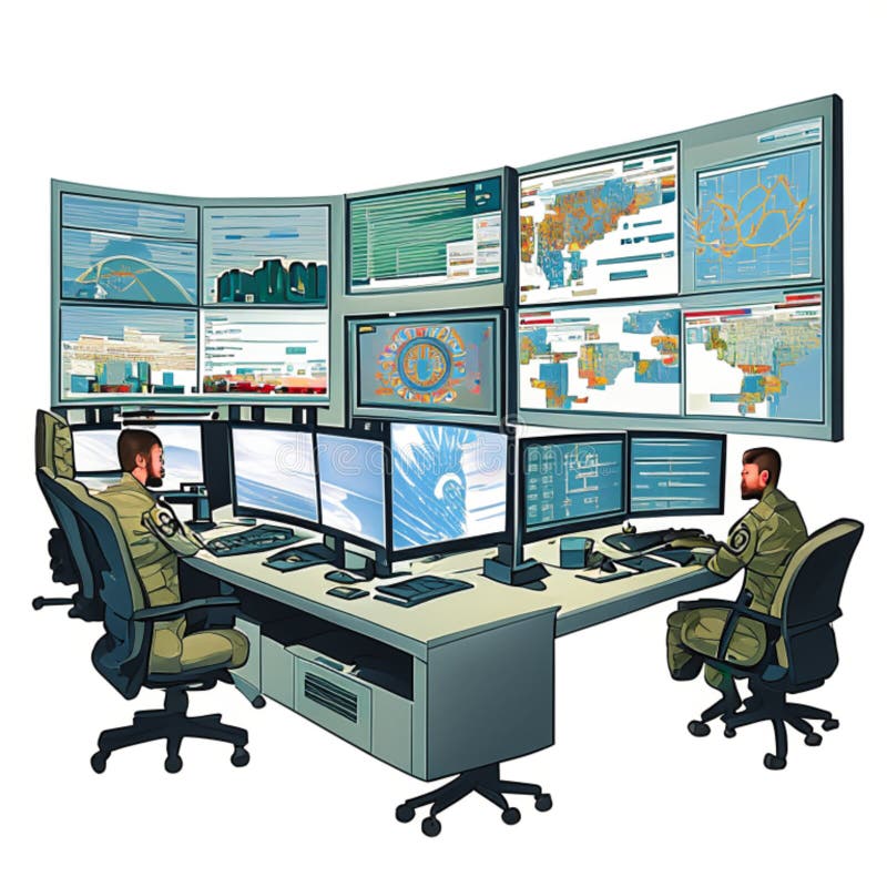 Security Room with Computers and Monitors on the Wall. 3d Rendering ...