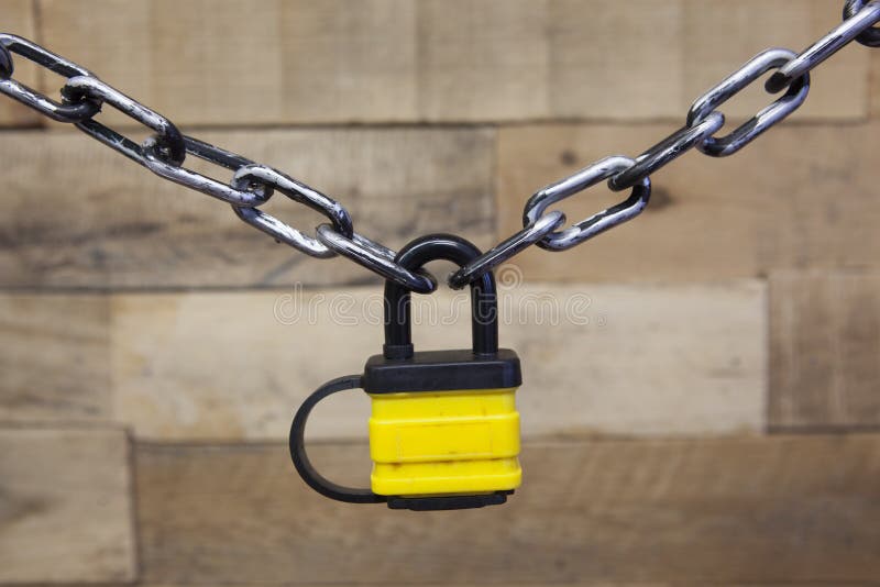 Security Series Chained Yellow Padlock Wooden Background Stock Image ...